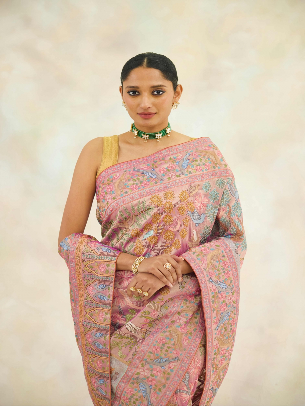 Light Metallic Pink Hand Embroidered Saree - Frontier Raas