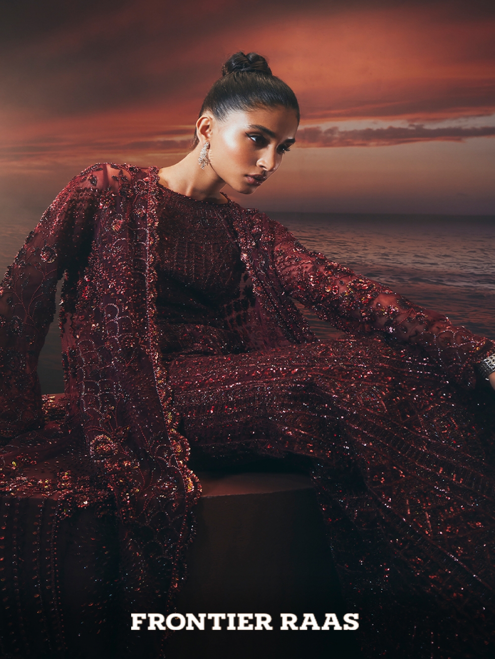 Wine Red Net Jumpsuit- Frontier Raas