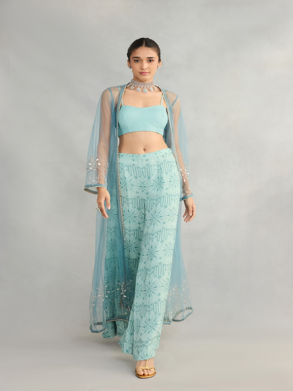 Powder Blue Net Cape Suit - Frontier Raas