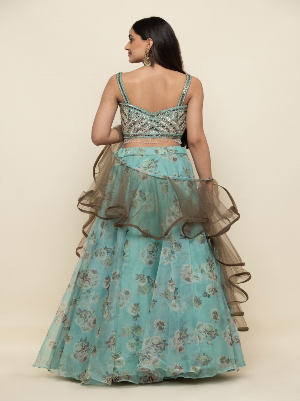 Sea Green Organza Lehenga- Frontier Raas