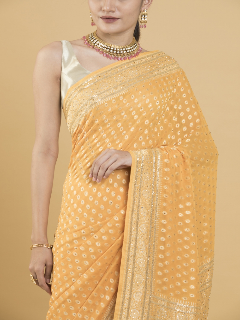 Buy Mango Yellow Banarasi Georgette Saree For Women Online