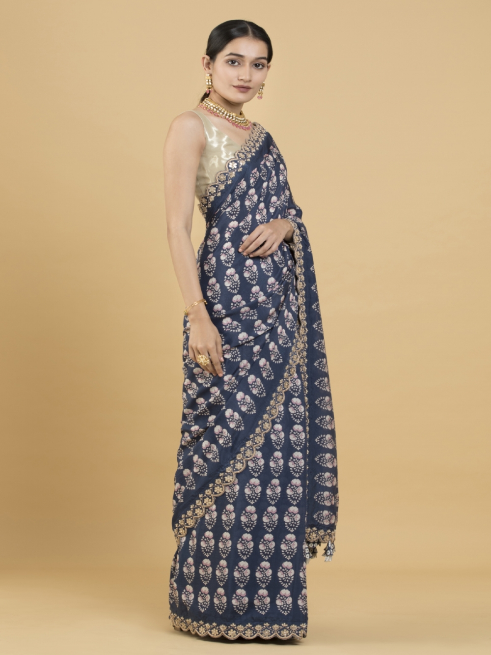 Buy Space Blue Floral Print Embroidered Satin Saree For Women Online