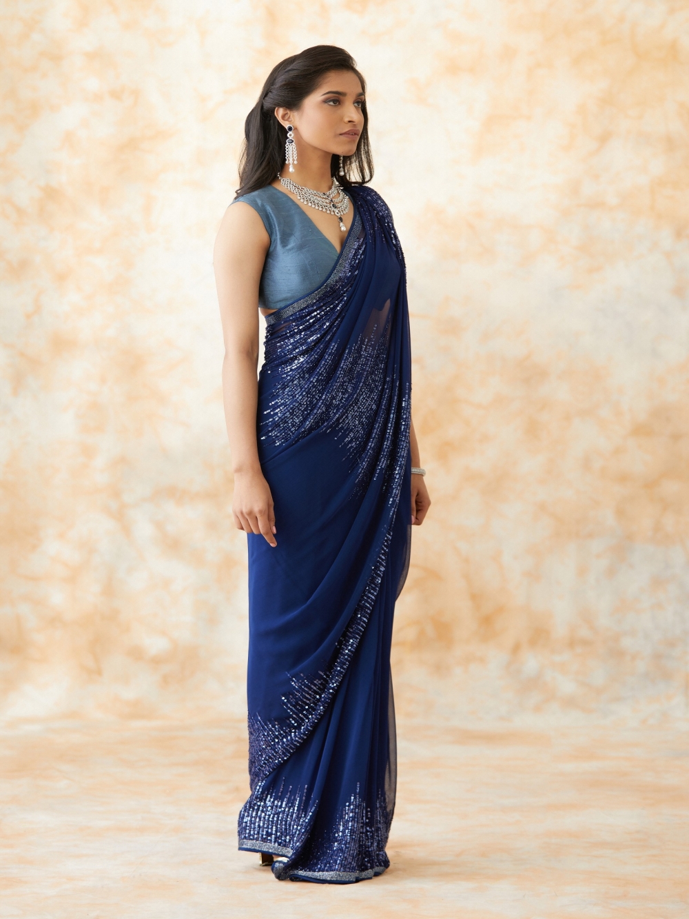 Buy Mid-night Blue Georgette Saree For Women Online - Frontierraas