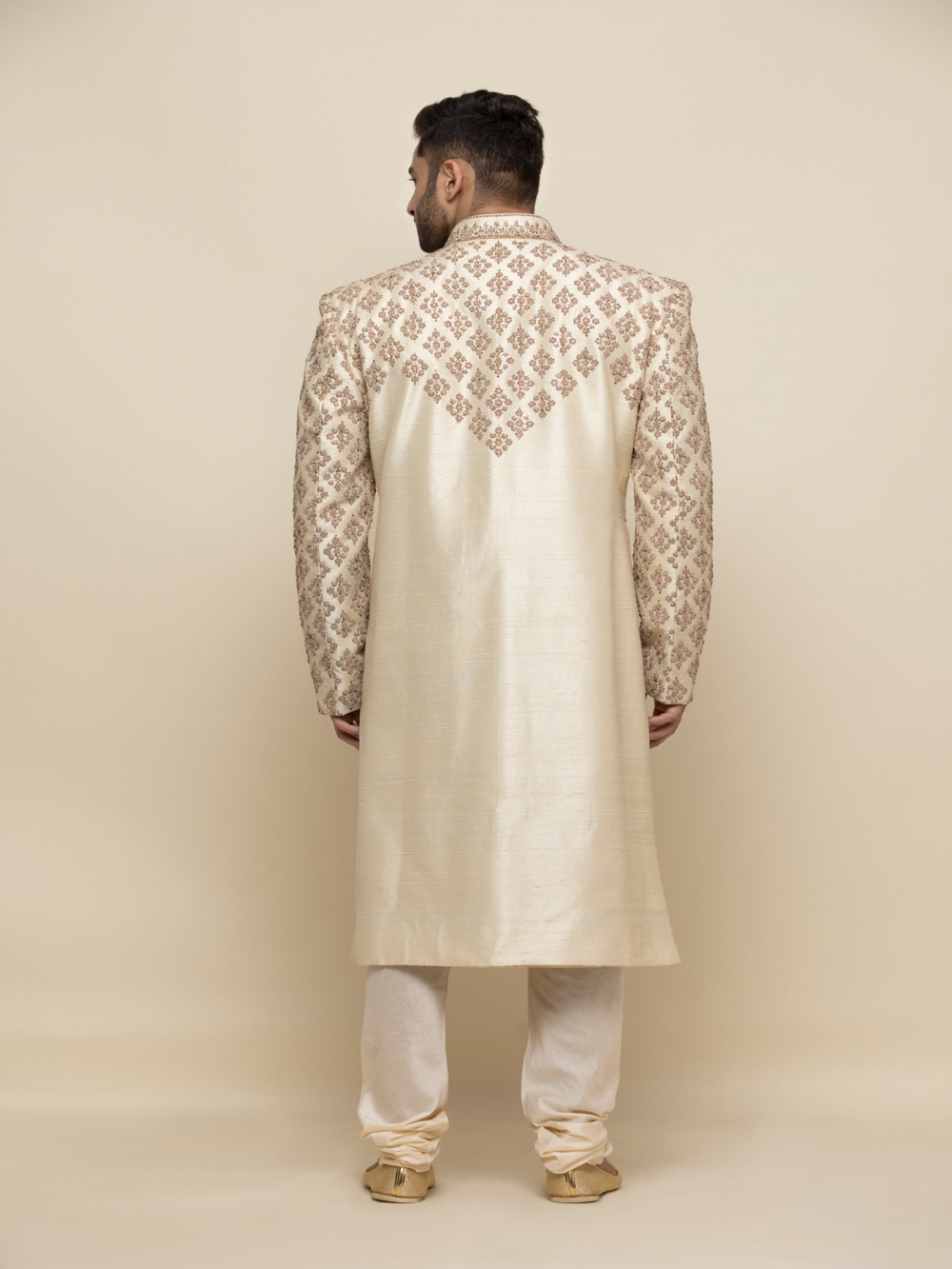 Ivory Cotton Silk Sherwani.