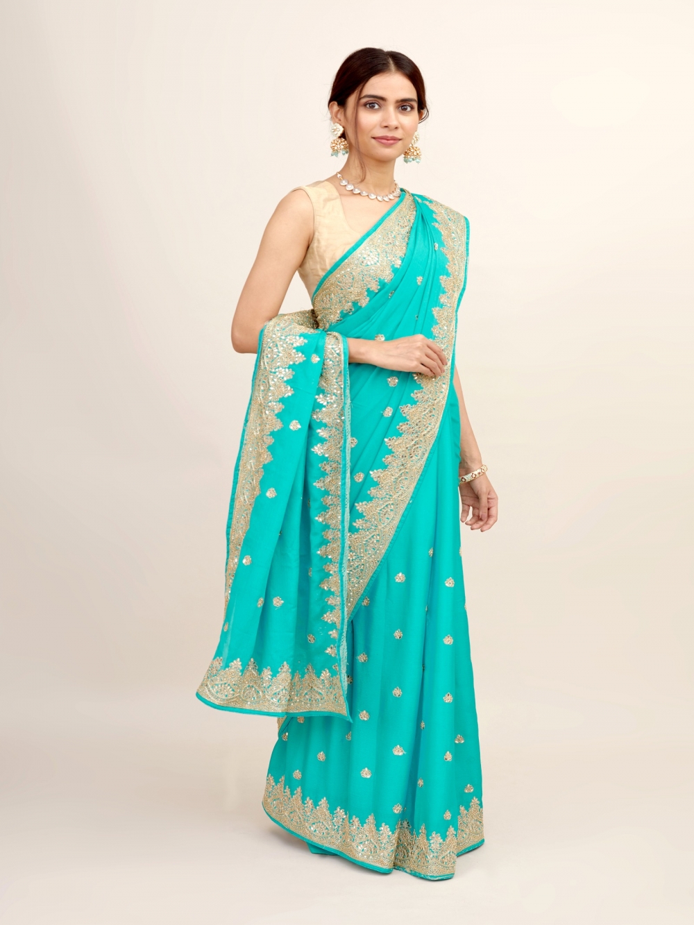 Buy Firoza Blue Crepe Saree For Women Online - Frontierraas