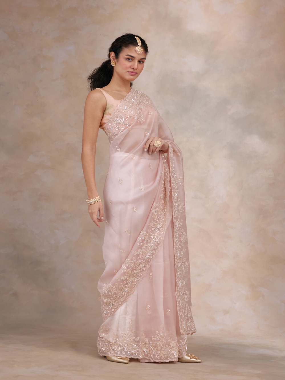 Powder Pink Organza Saree- Frontier Raas