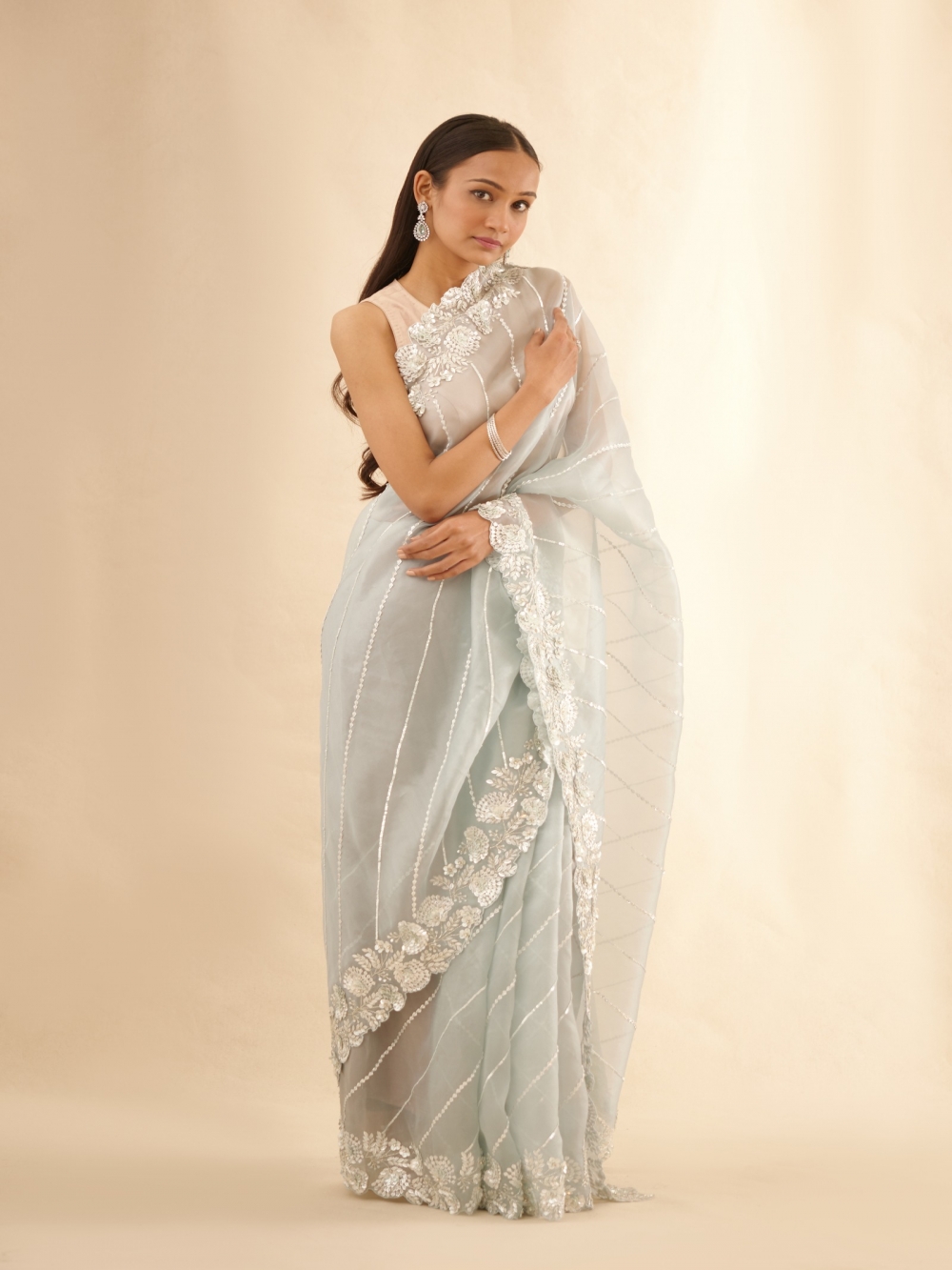 Ice-Blue Floral Organza Saree- Frontier Raas