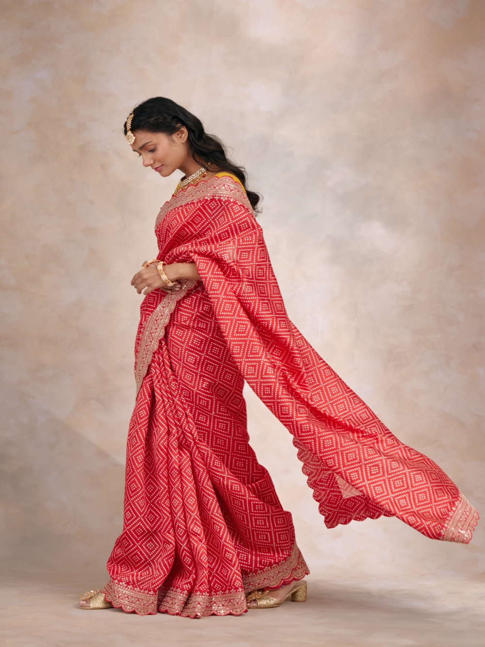 Vermillion Red Bandhani Tussar Silk Saree- Frontier Raas