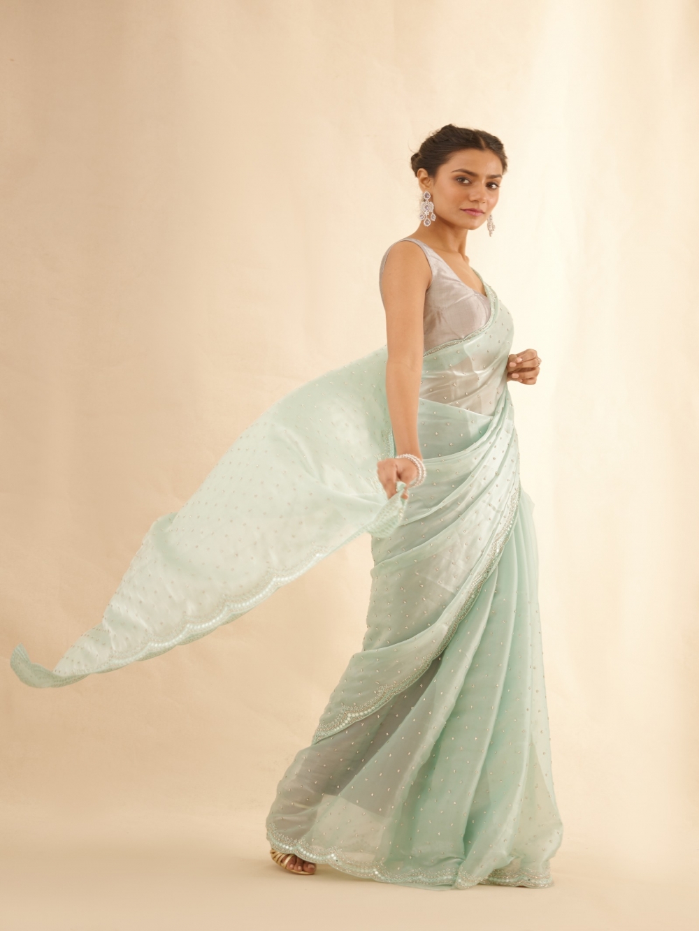 Metallic Baby Blue Organza Satin Saree- Frontier Raas