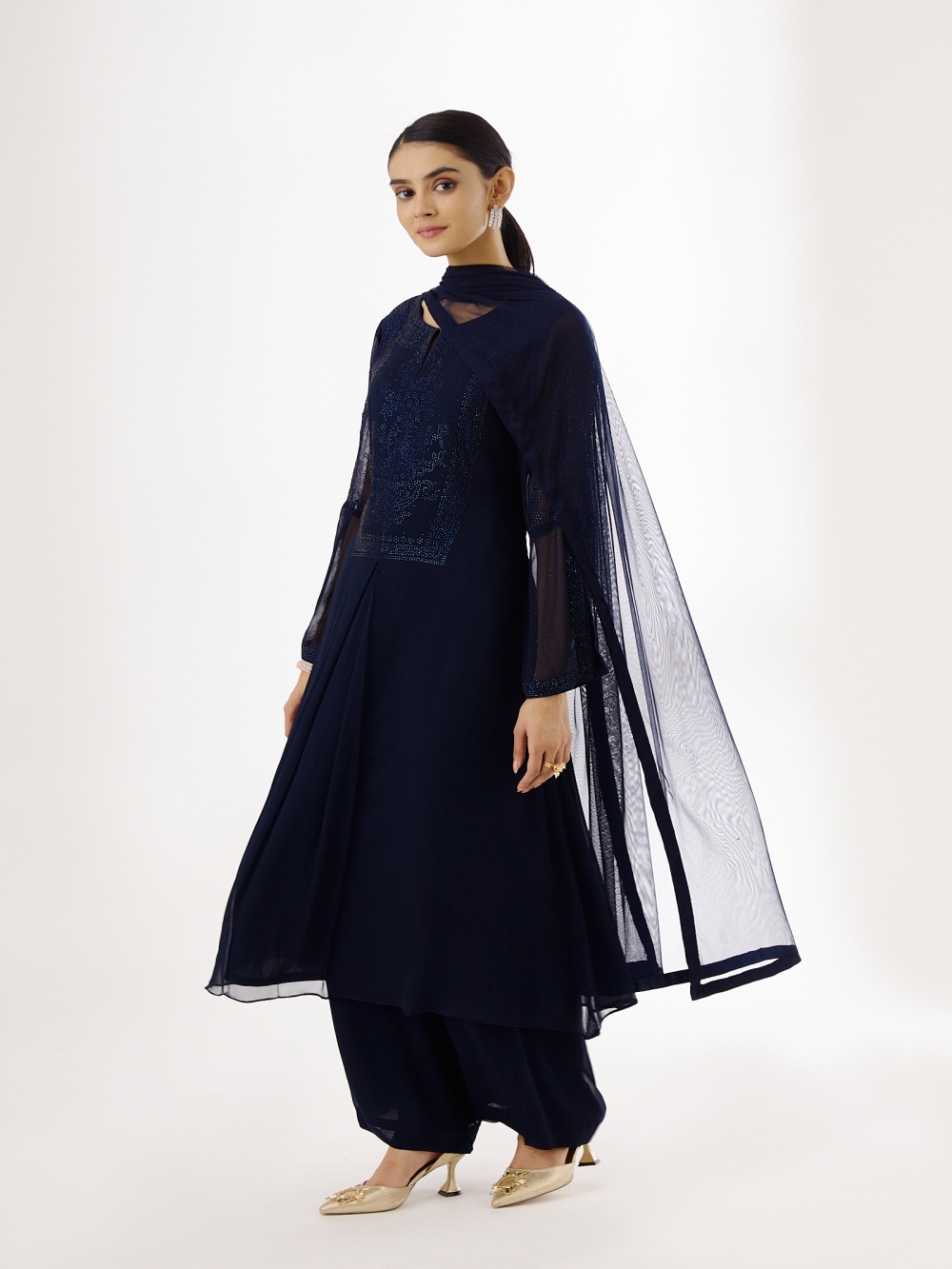 Deep,Prussian,Blue,Kurta,Palazzo-,Frontier,Raas