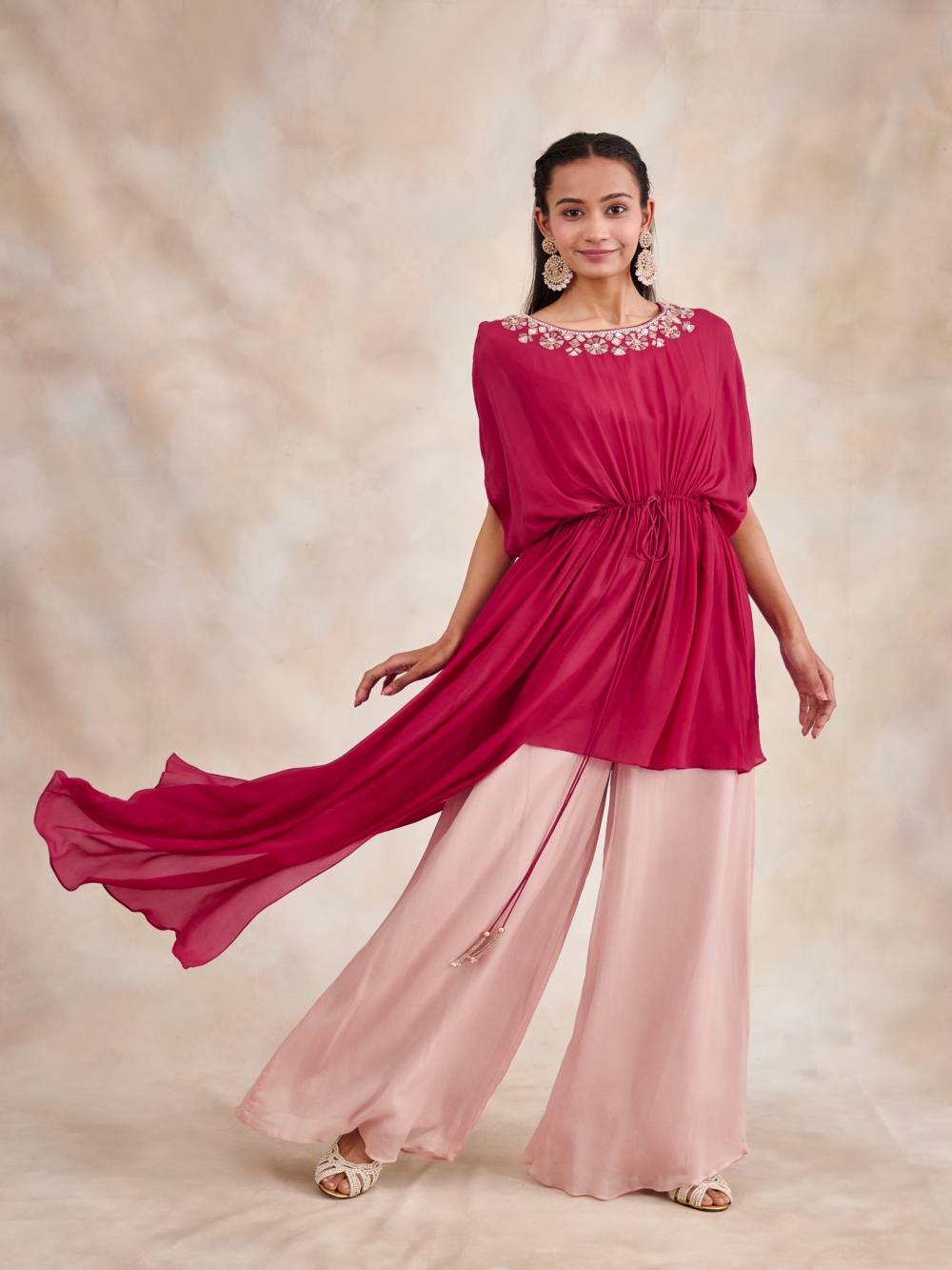 Cherry Red Crepe Palazzo Set Frontier Raas