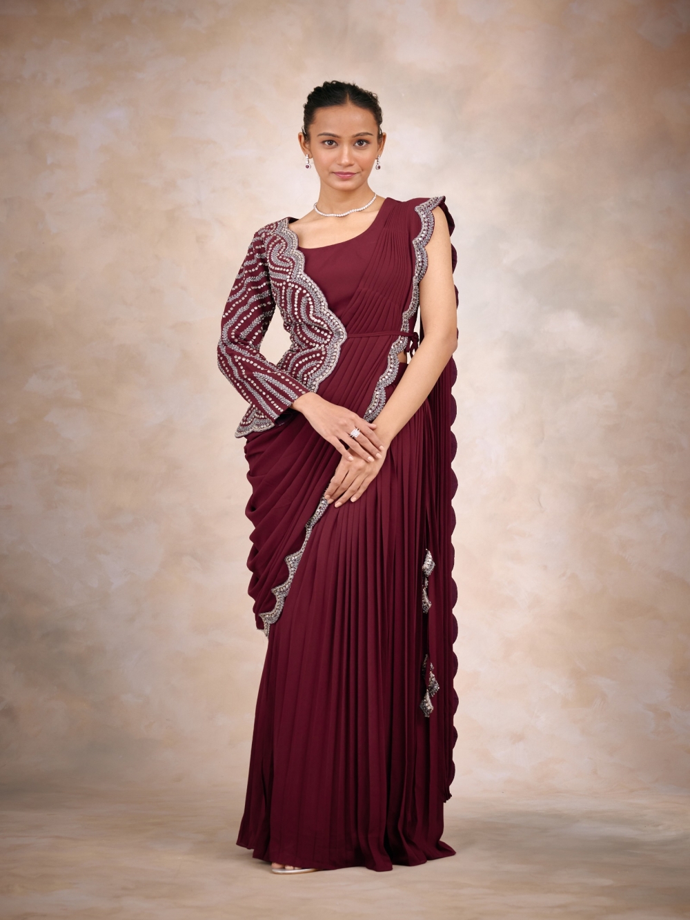 Burgundy Georgette Drape Saree- Frontier Raas