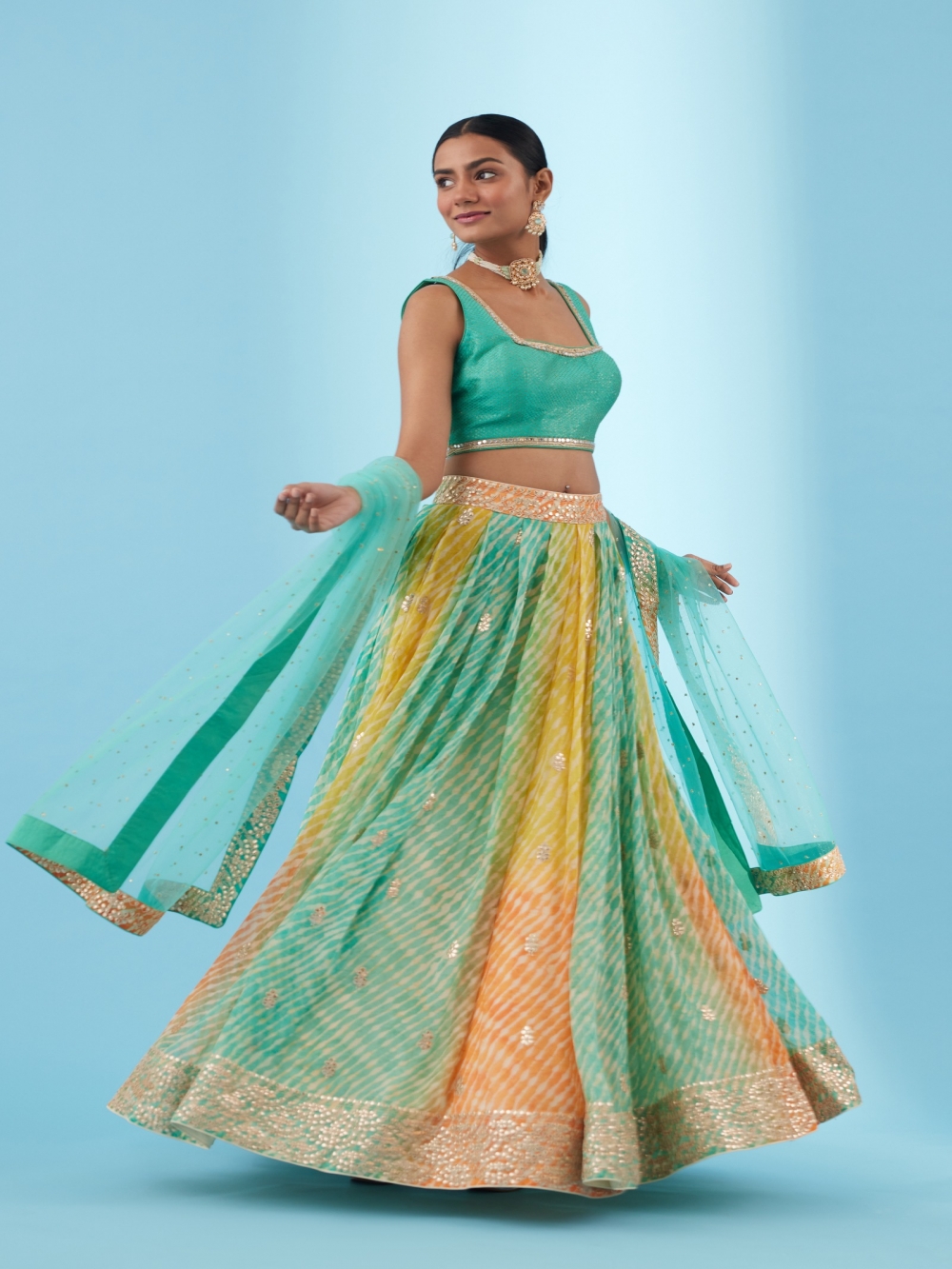Teal Green Lehriya Lehenga- Frontier Raas