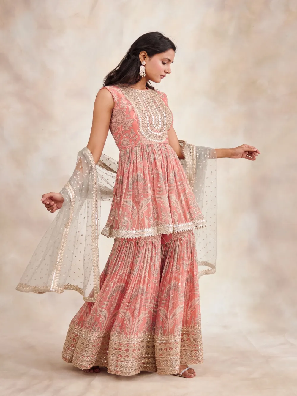 Peach Peplum Garara Set Frontier Raas