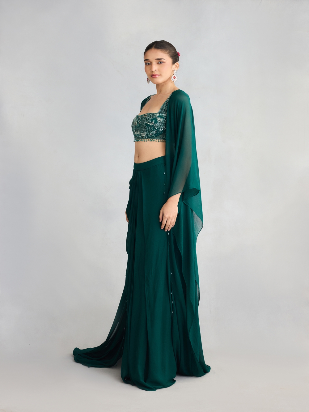 Forest Green Georgette Cape Skirt Set | Frontier Raas