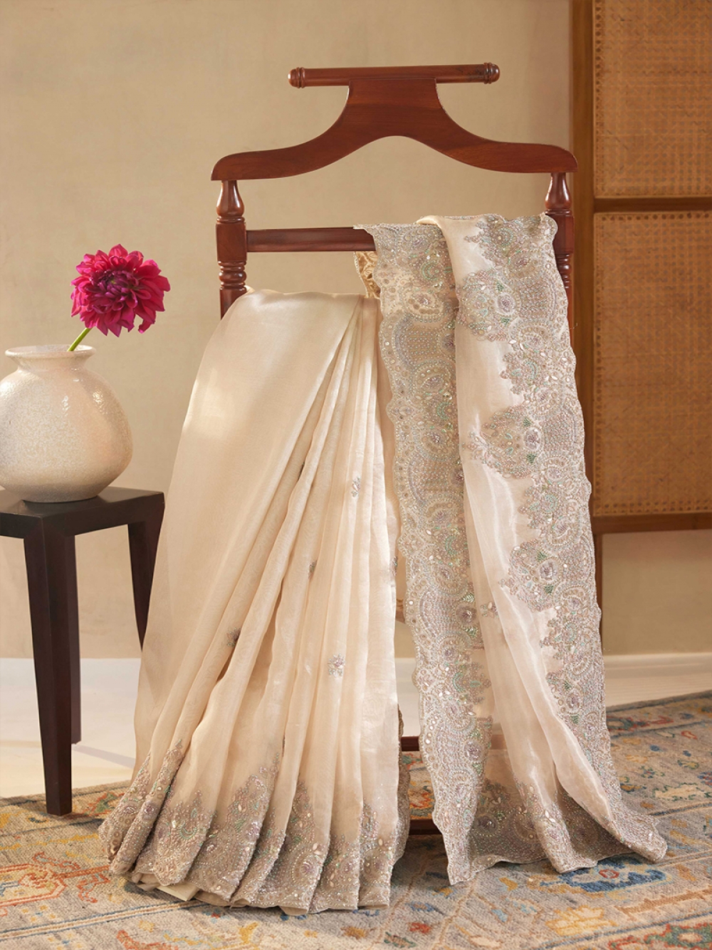 Ivory Gold Tissue Organza Saree - Frontier Raas