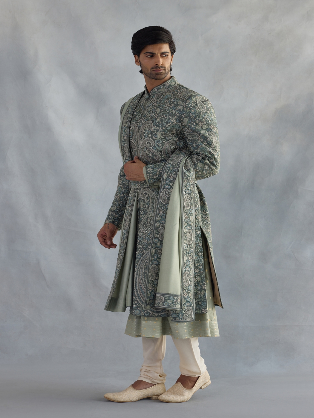 Sage Green Raw Silk Sherwani - Frontier Raas