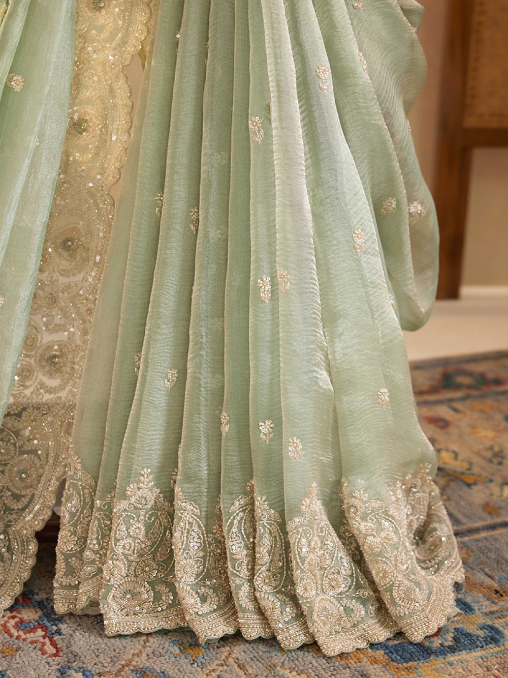 Ocean Green Tissue Organza Saree - Frontier Raas
