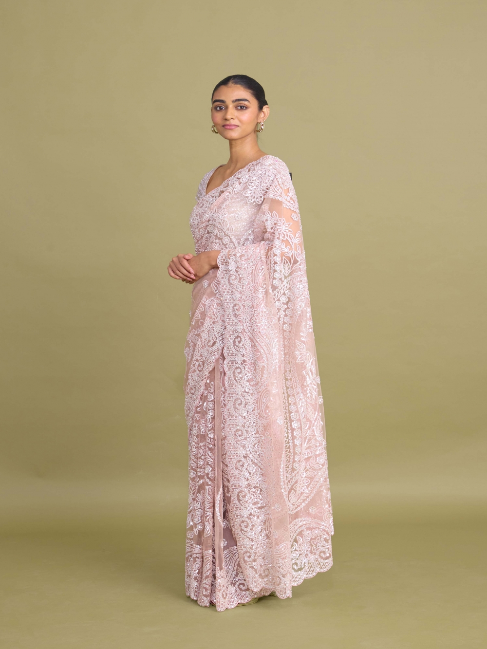 Blush Pink Net Saree - Frontier Raas