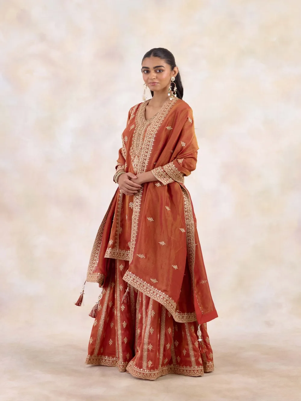 Rust Orange Tissue Sharara Set - Frontier Raas