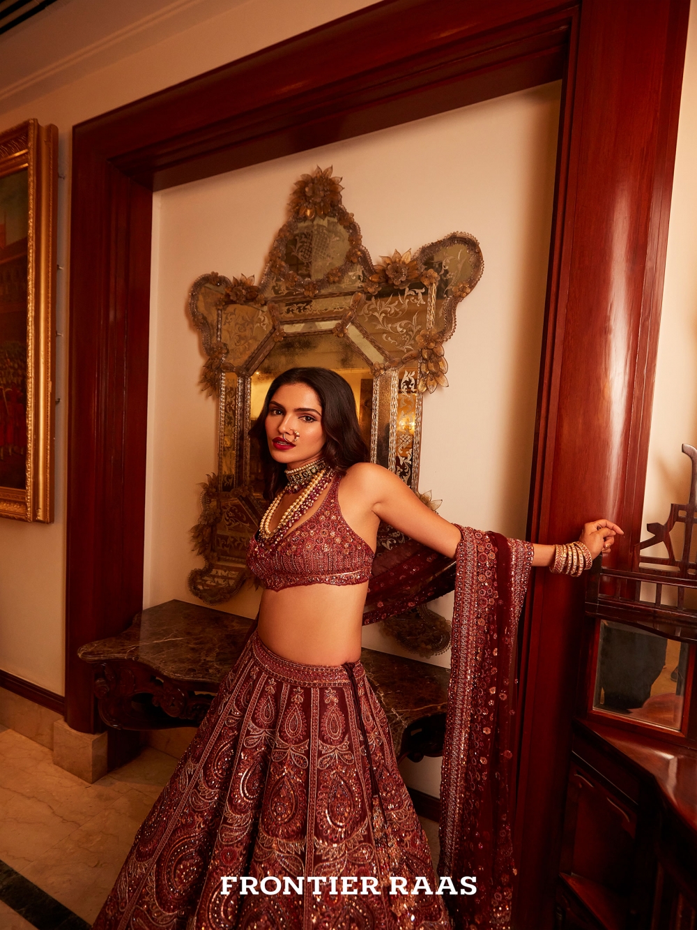 Brick Red Organza Lehenga- Frontier Raas