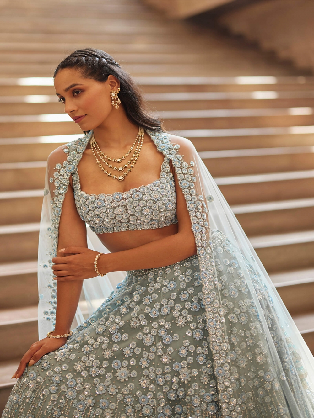Baby Blue Net Lehenga- Frontier Raas