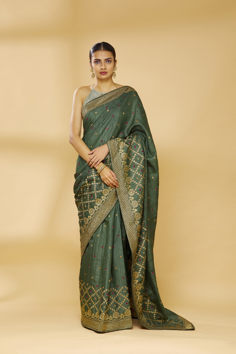 Buy Dark Olive Embroidered Saree For Women Online
