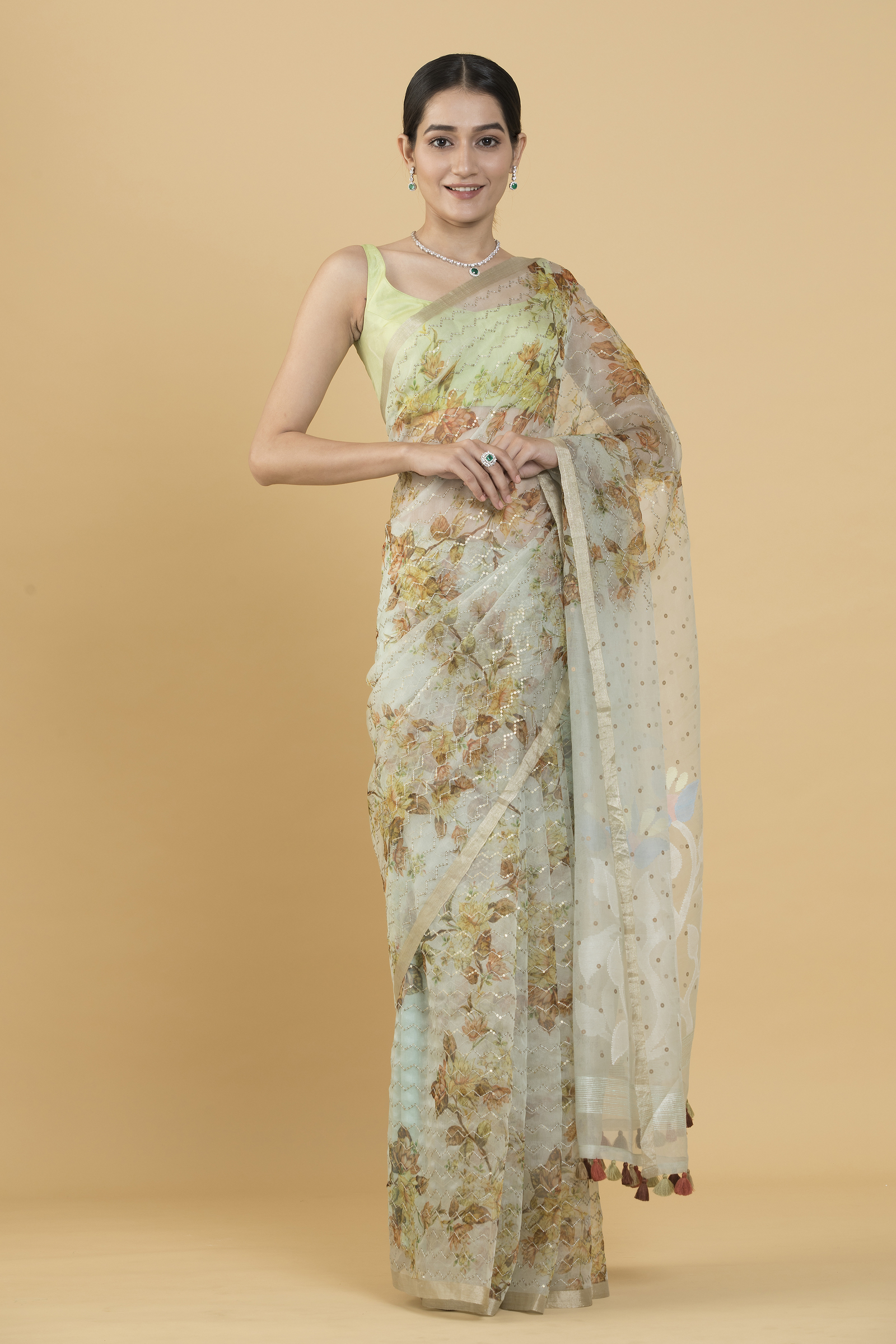 Buy Mint Green Floral Print Sequinned Organza Saree For Women Online
