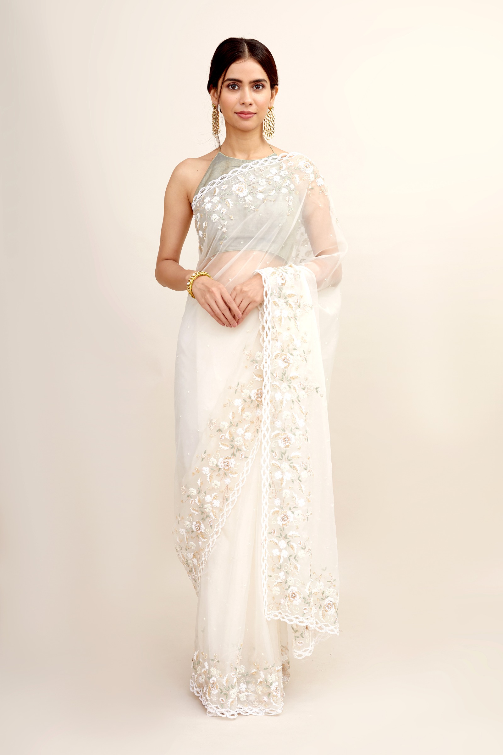Buy Moonlit White Organza Saree For Women Online - Frontierraas