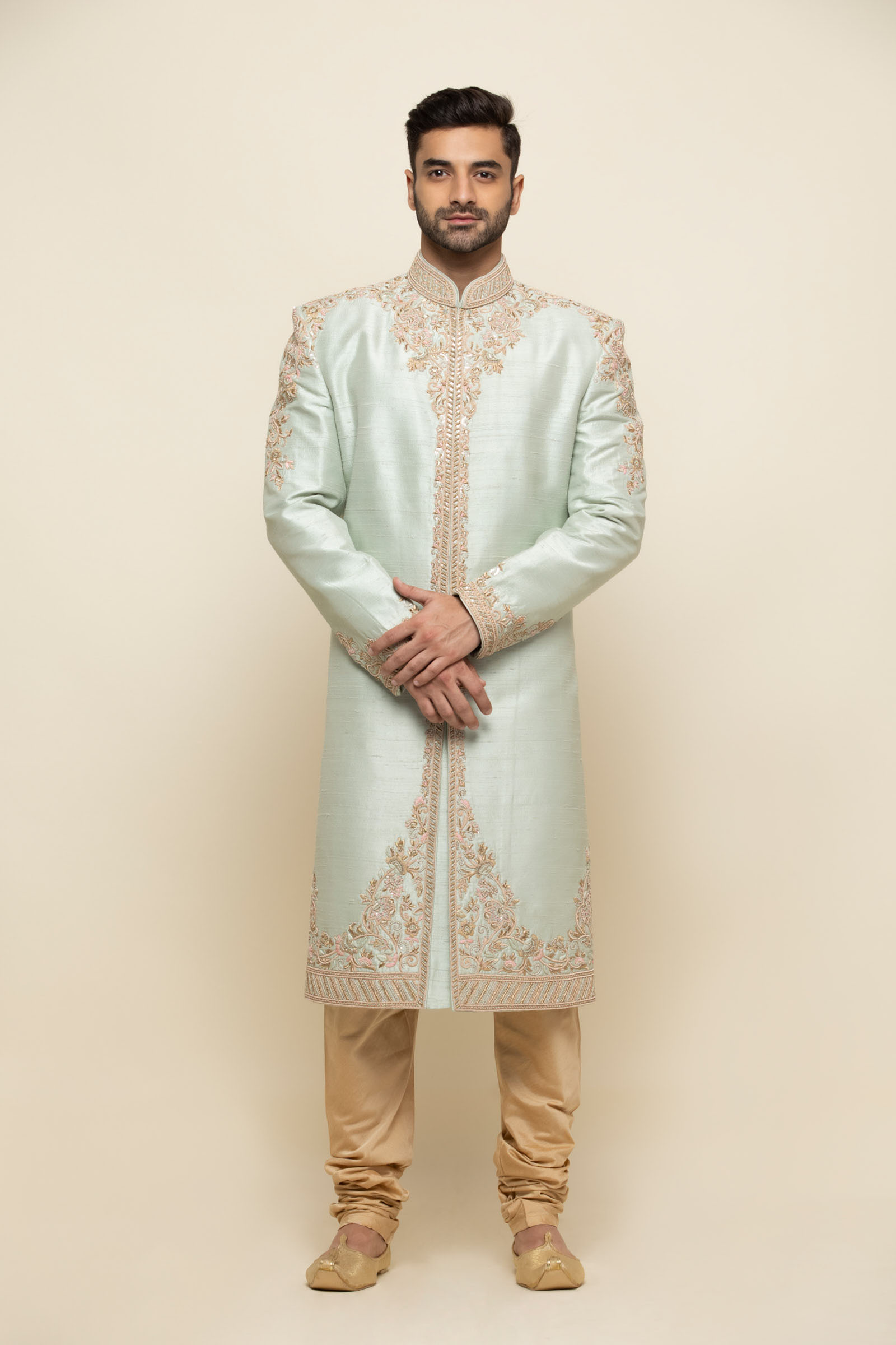 Mint Raw Silk Sherwani- Frontier Raas