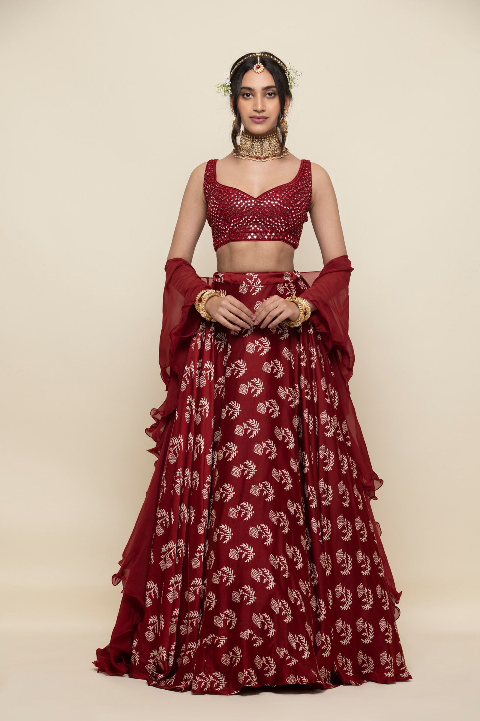 Deep Red Satin Lehenga- Frontier Raas