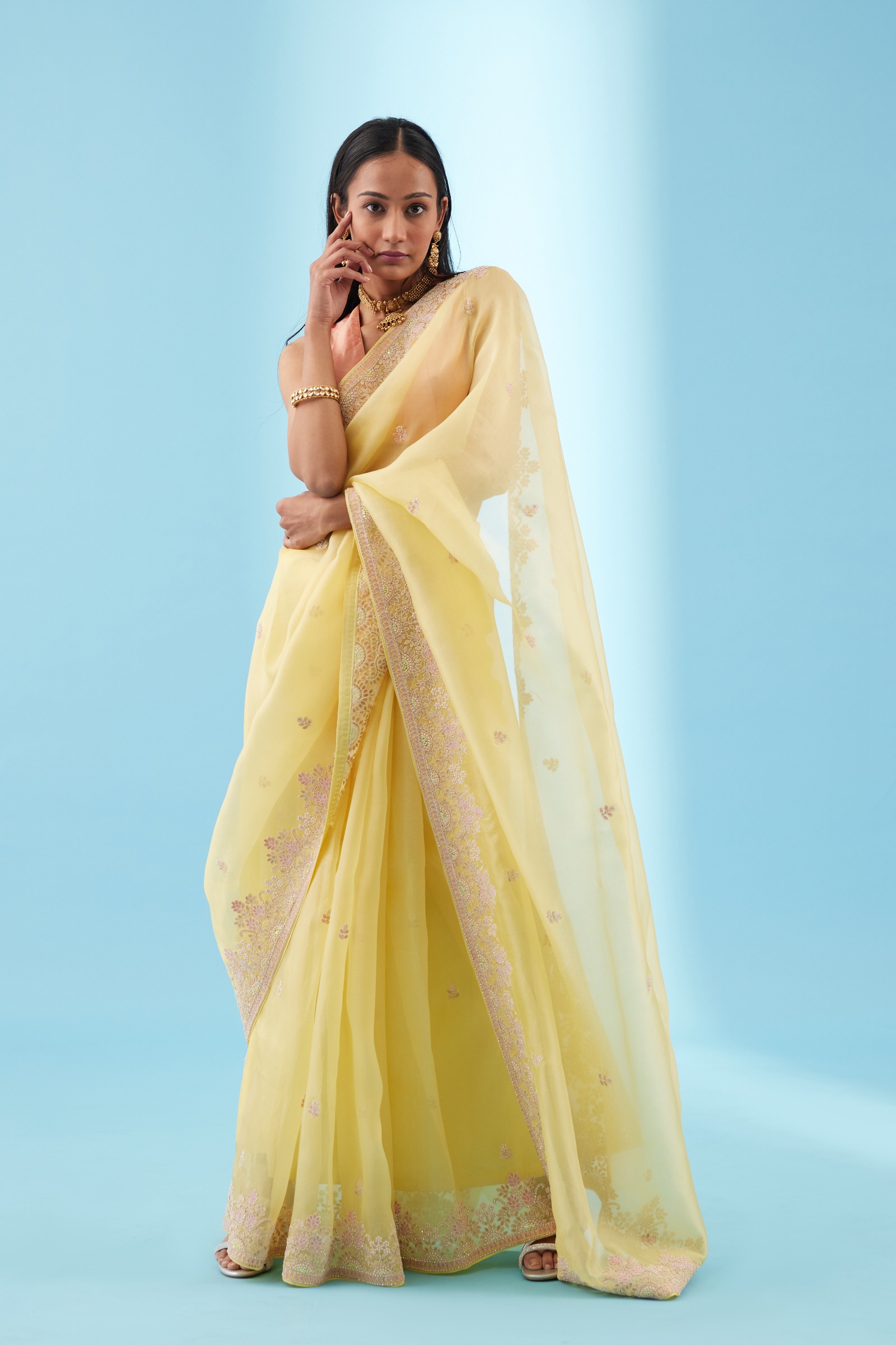 Canary Yellow Organza Saree- Frontier Raas