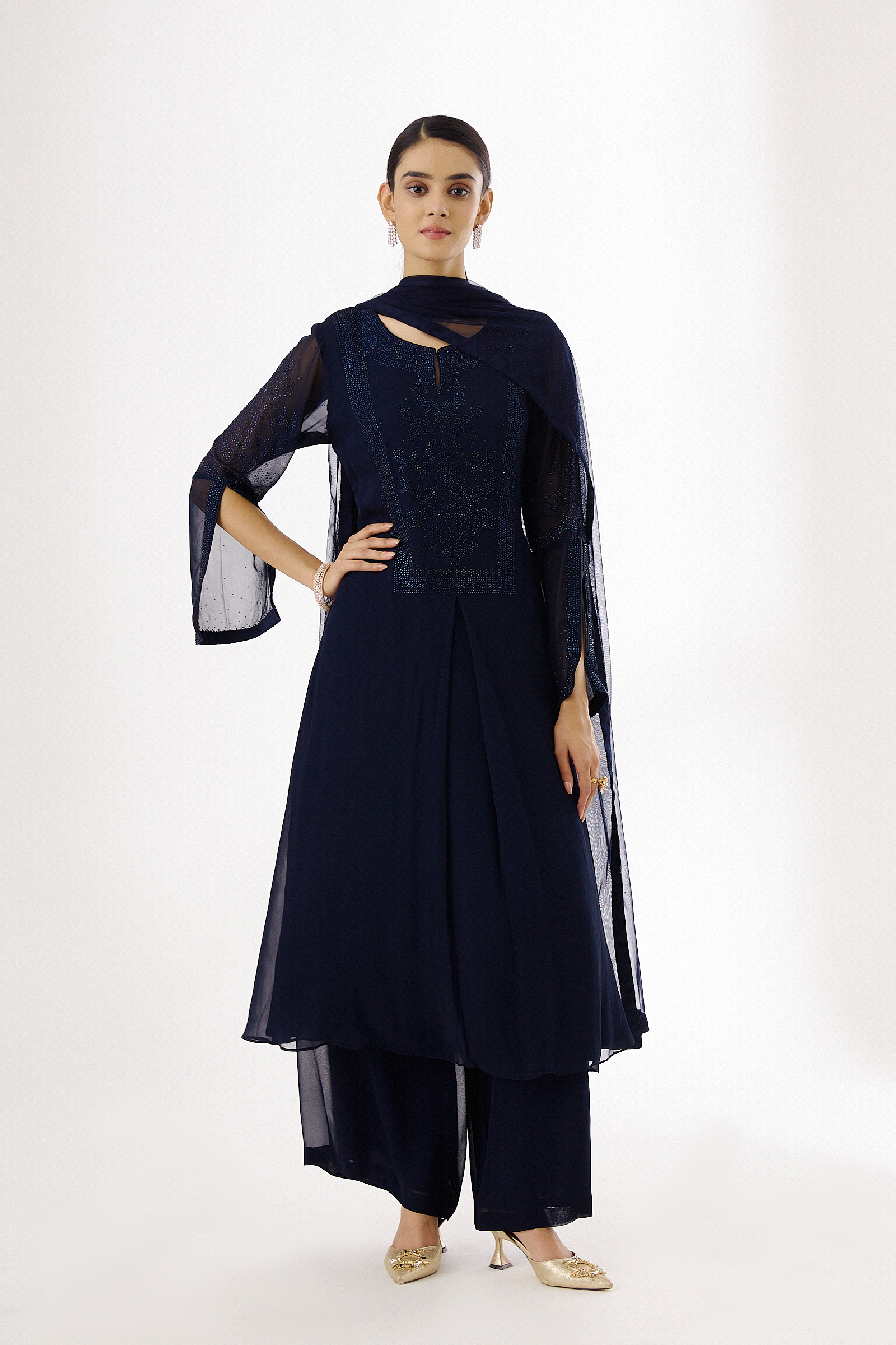Deep,Prussian,Blue,Kurta,Palazzo-,Frontier,Raas