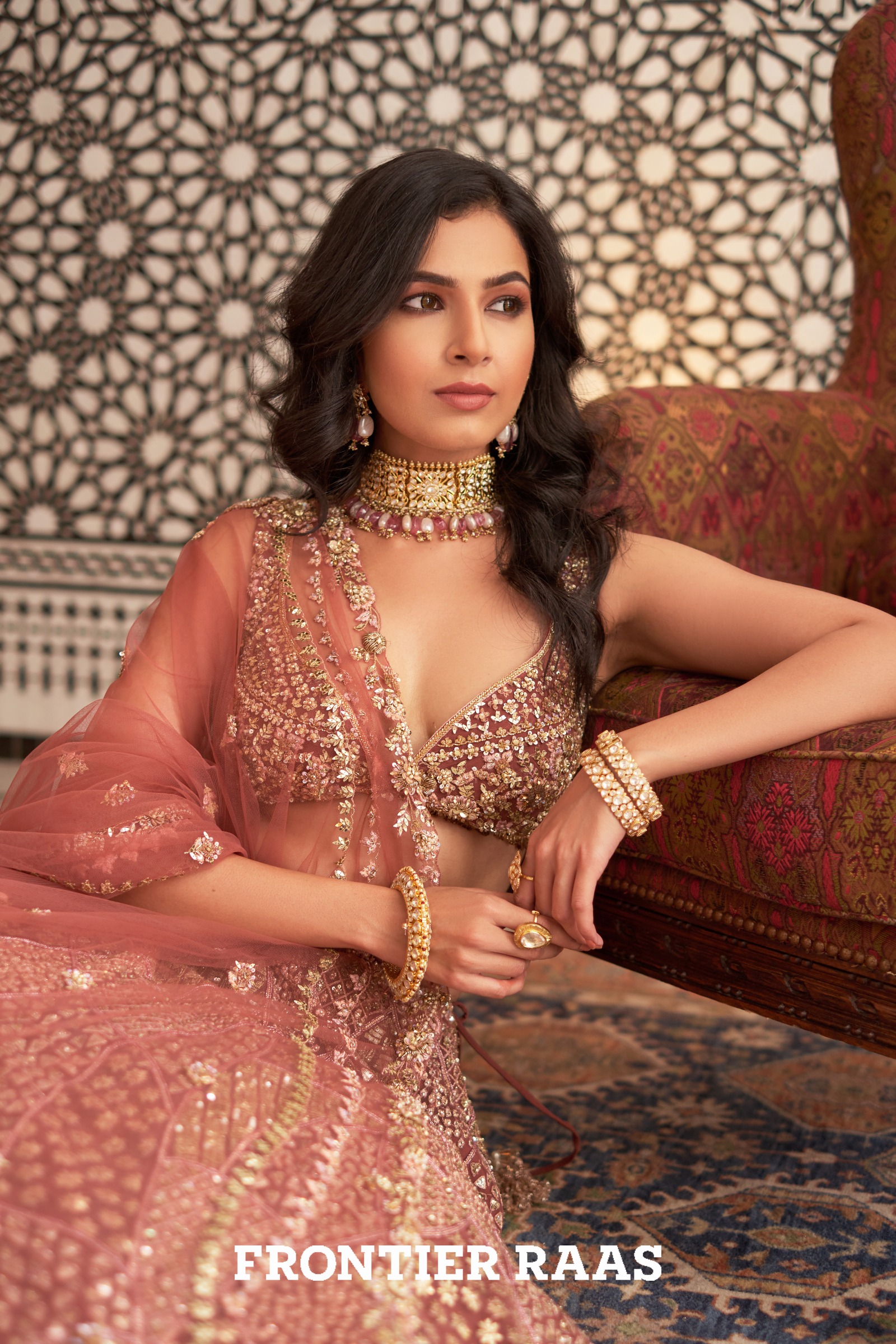 Rust Net Lehenga- Frontier Raas