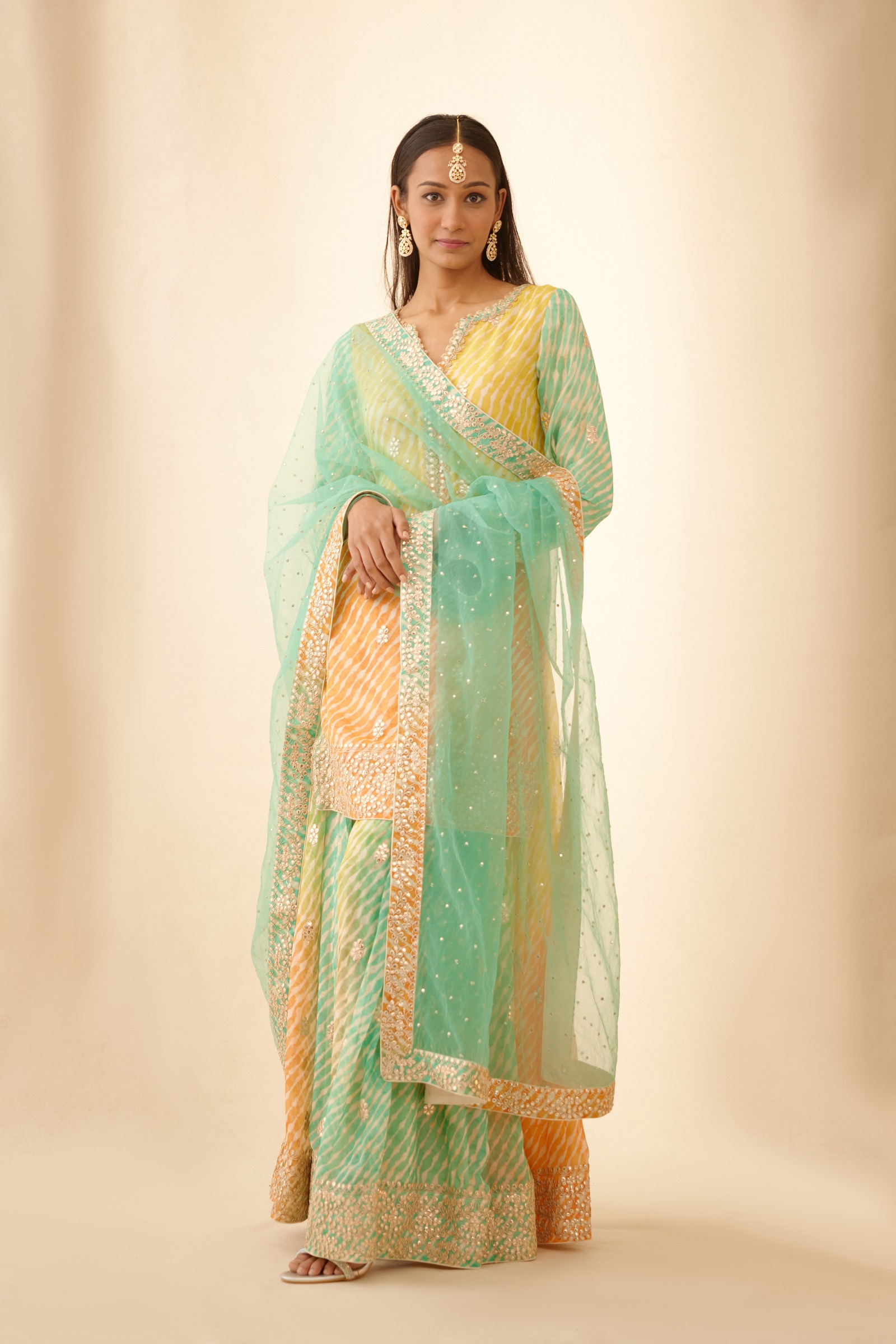 Turquoise Lehriya Sharara Set- Frontier Raas