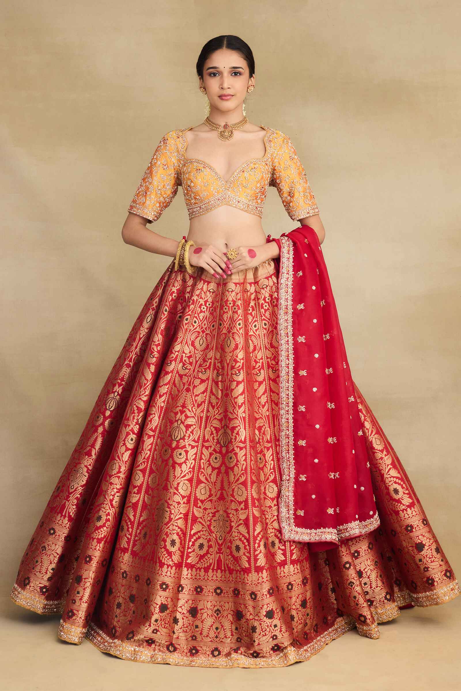 Red Banarasi Silk Lehenga Set - Frontier Raas