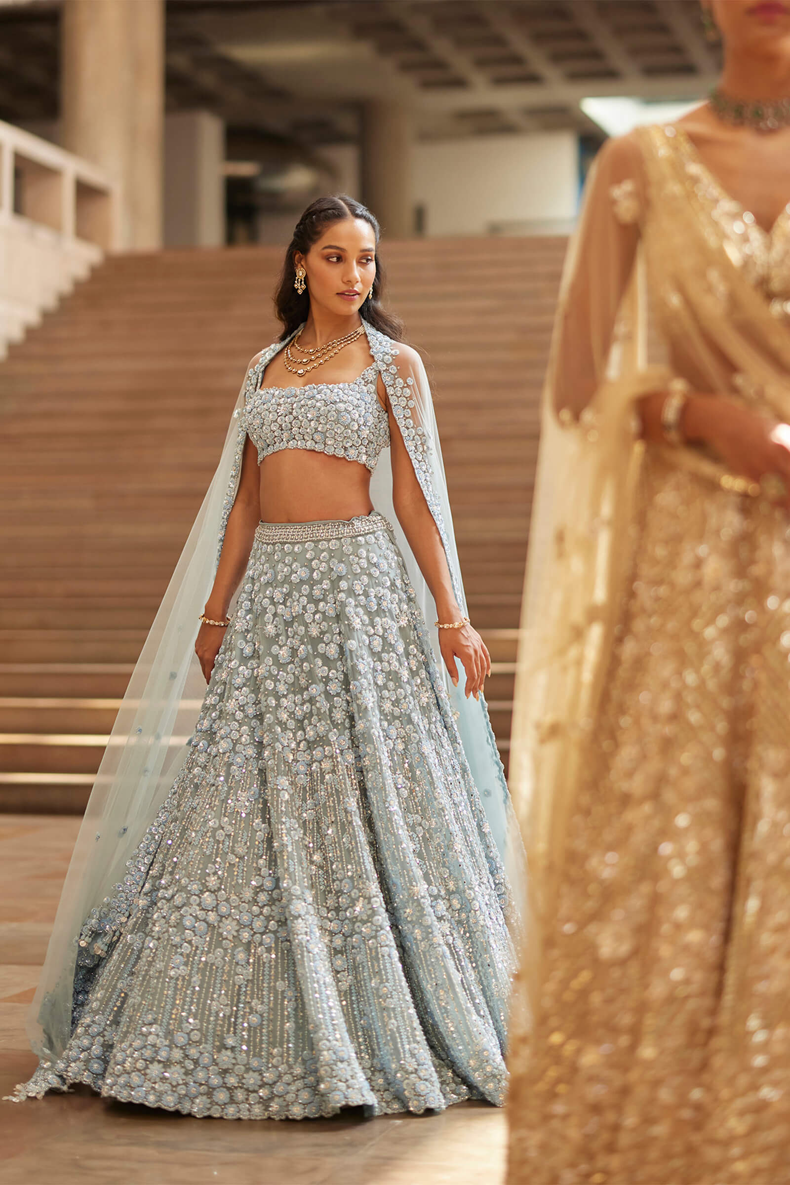 Baby Blue Net Lehenga- Frontier Raas