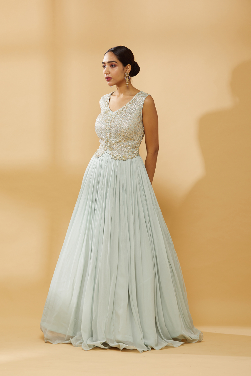Buy Light Mint Embroidered Gown For Women Online