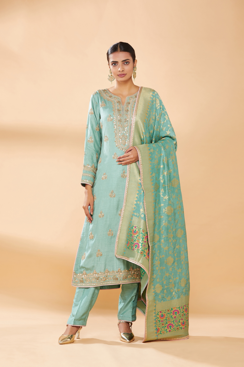 Buy Sea Green Embroidered Suit For Women Online