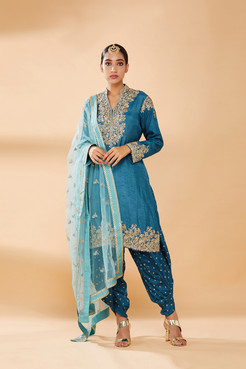 Buy Teal Blue Embroidered Dhoti Suit For Women Online