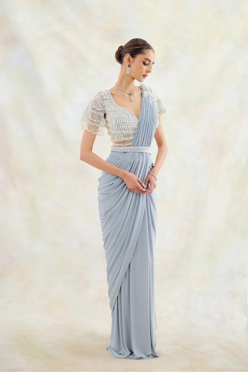 Powder Blue Embroidered Saree - Frontier Raas