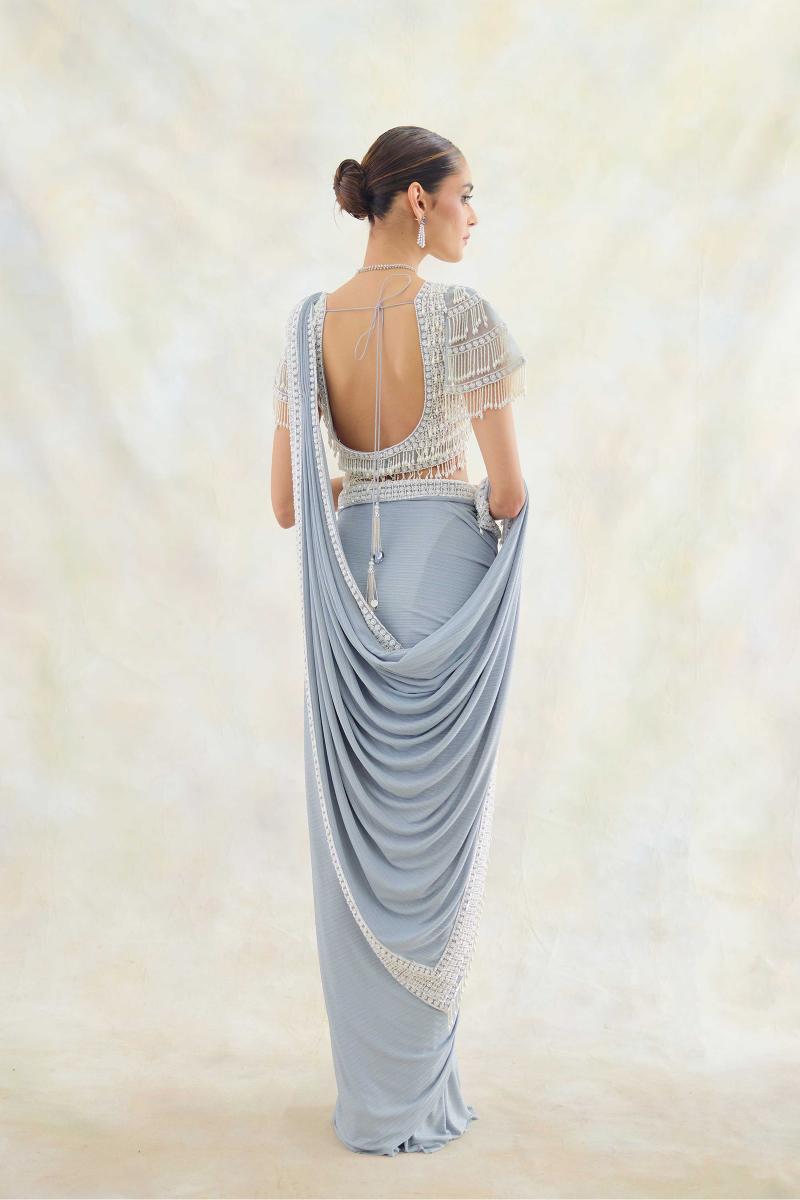 Powder Blue Embroidered Saree - Frontier Raas