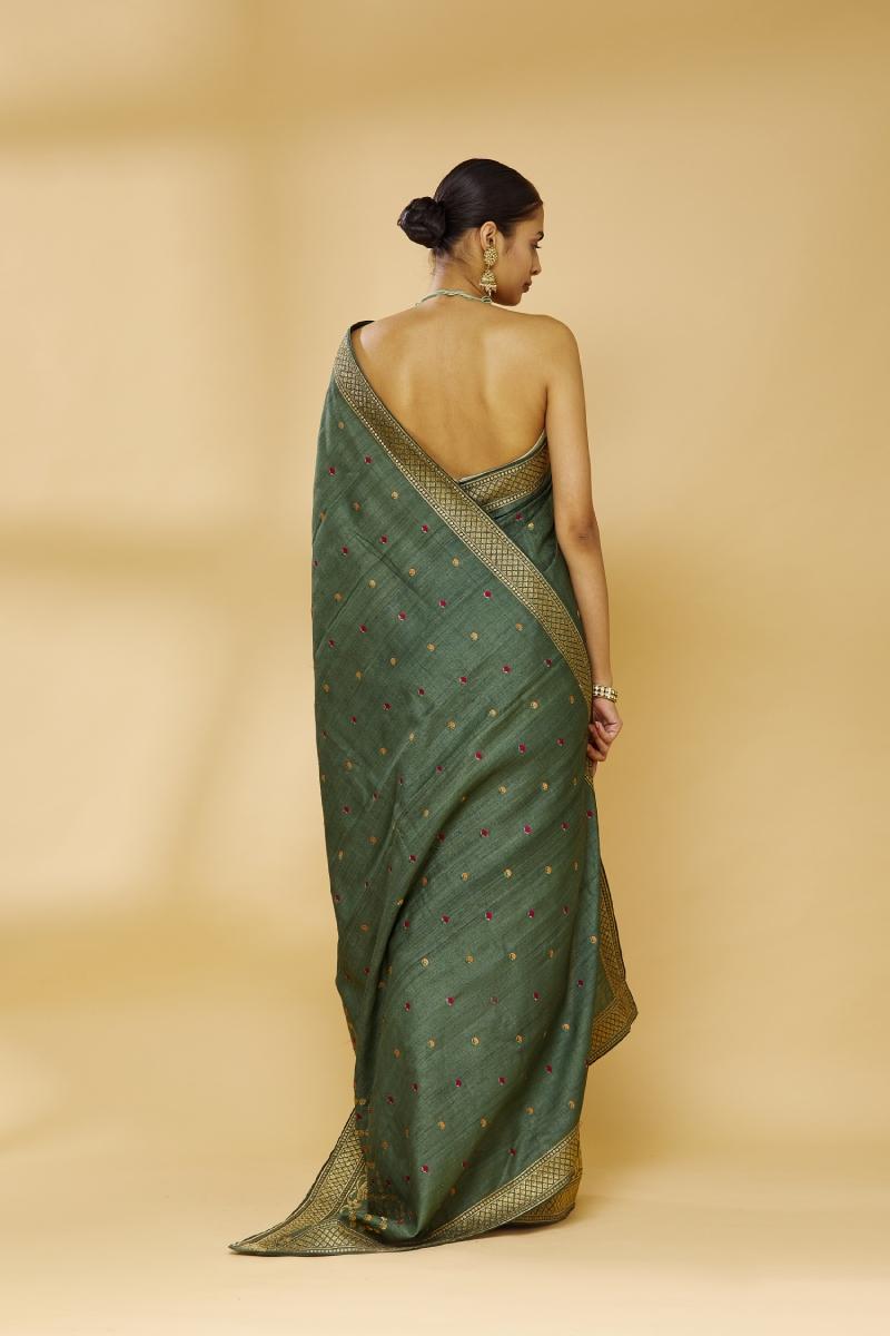 Buy Dark Olive Embroidered Saree For Women Online