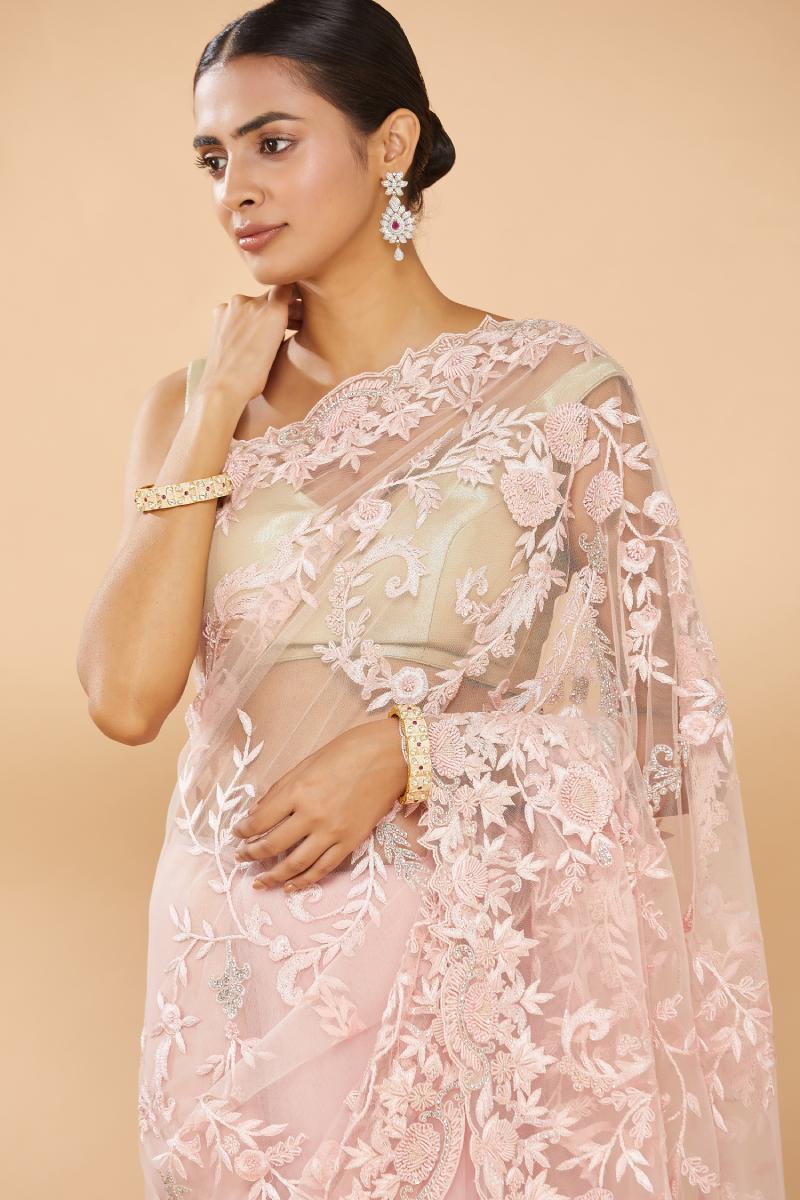 Buy Ice Pink Embroidered Saree For Women Online