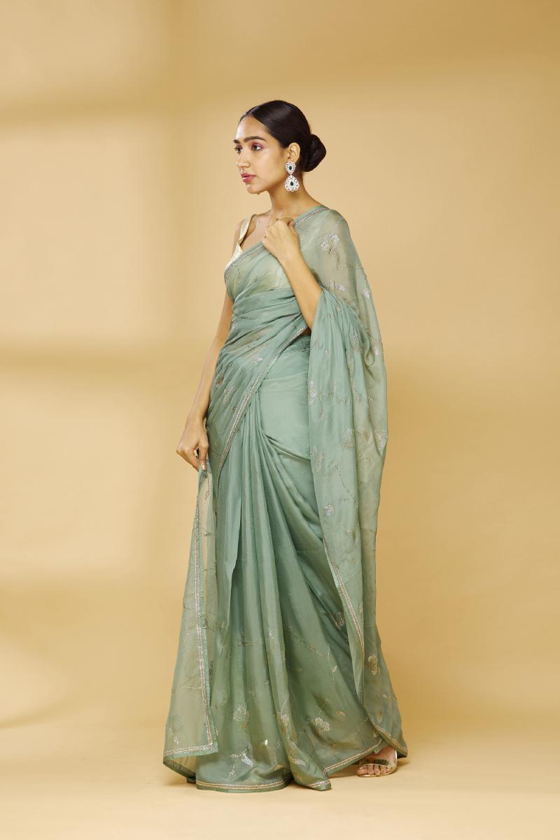 Buy Russian Green Embroidered Saree For Women Online