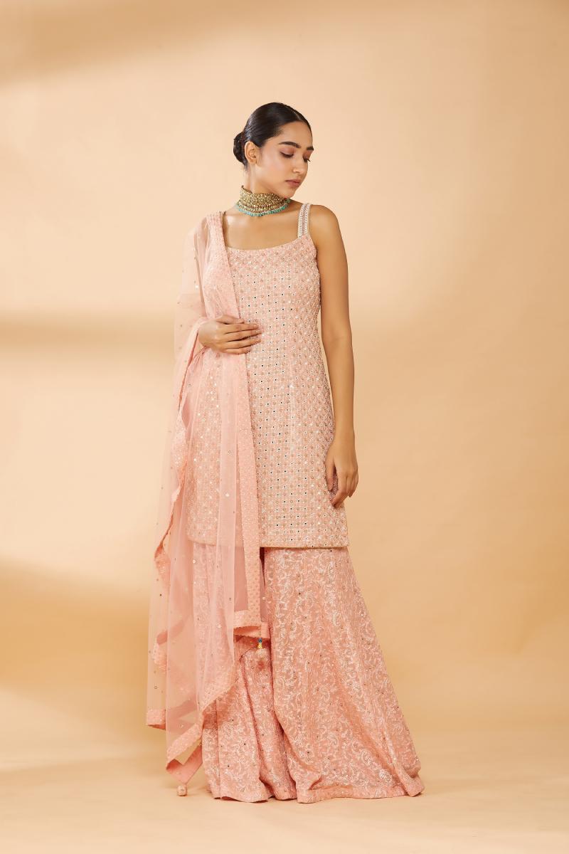 Buy Peach Embroidered Sharara Suit For Women Online