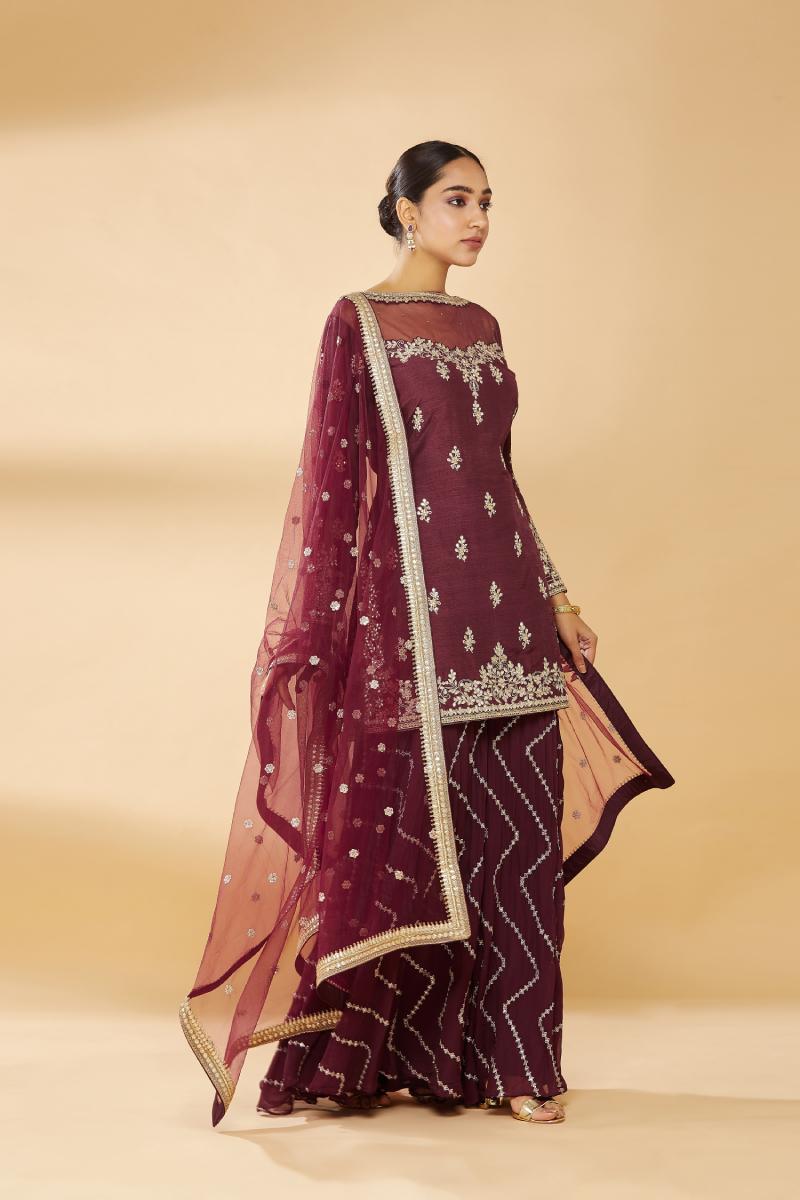 Buy Dark Maroon Embroidered Sharara Suit For Women Online