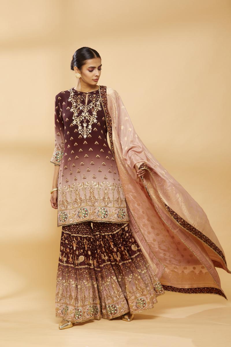 Buy Maroon with Pink Ombre digital Print Embroidered Garara Suit For ...