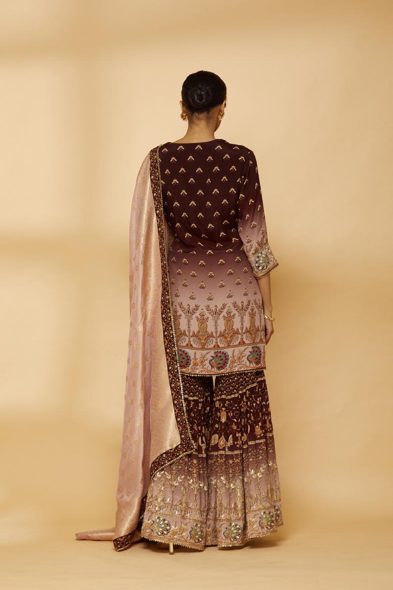 Buy Maroon with Pink Ombre digital Print Embroidered Garara Suit For ...
