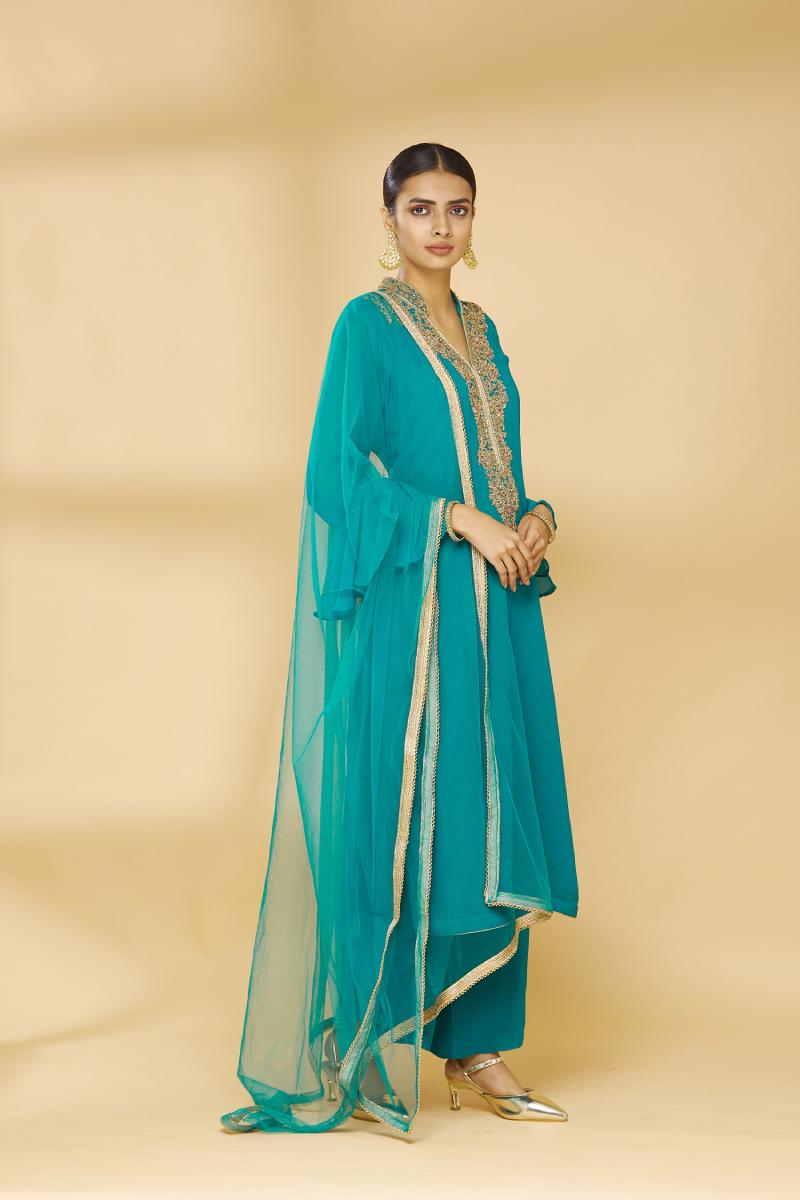 Buy Turquoise Embroidered Plazzo Suit For Women Online
